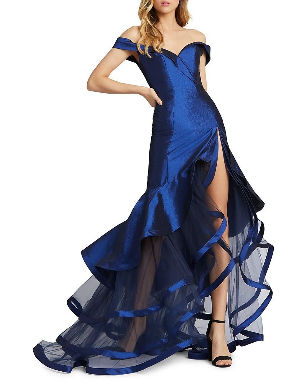 Mac Duggal Off The Shoulder Tiered Gown In Blue Lyst