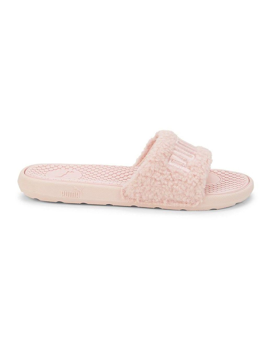 PUMA Logo Faux Fur Slides in Pink | Lyst