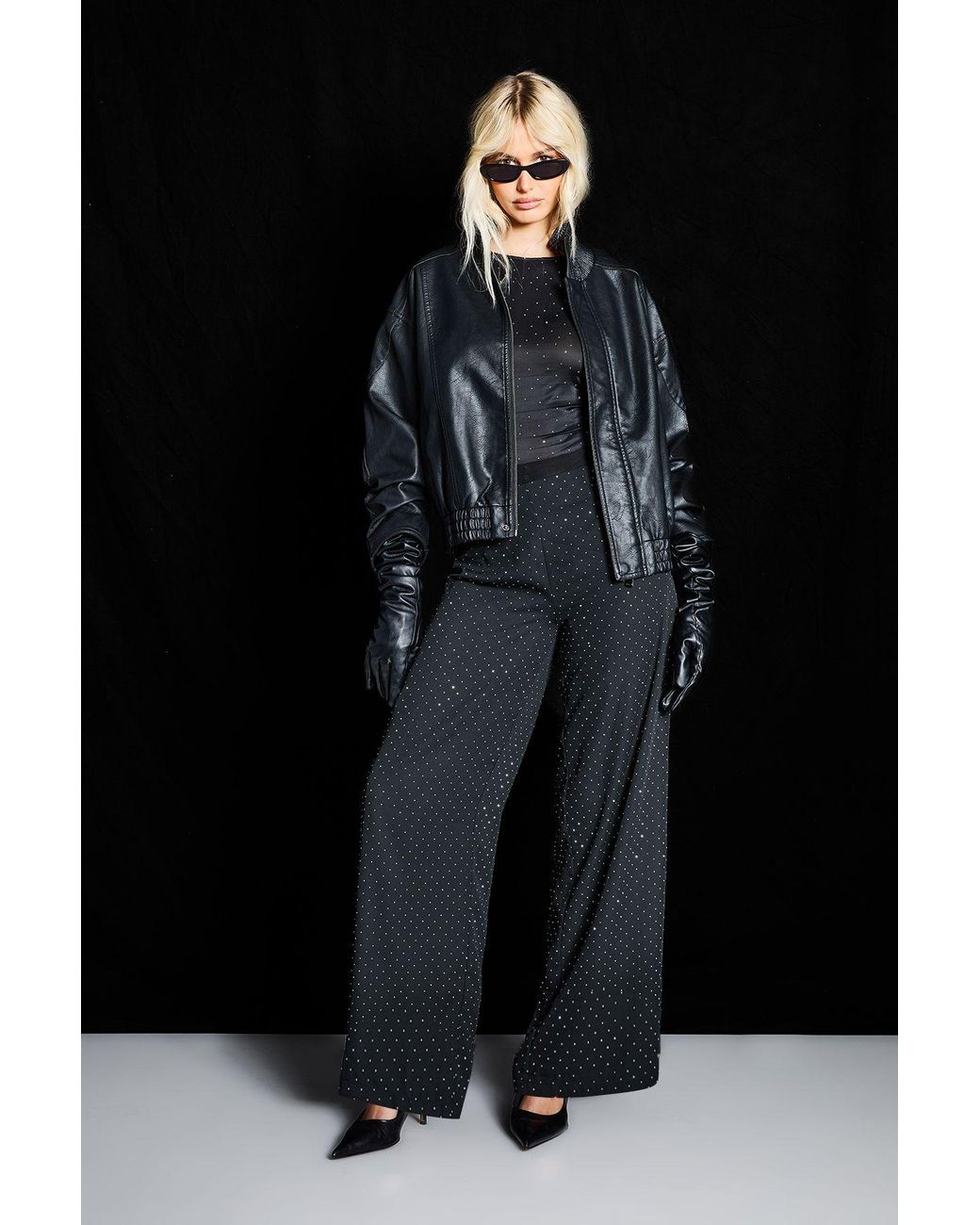 Boohoo Hotfix Diamante Chiffon Wide Leg Trousers in Black | Lyst UK