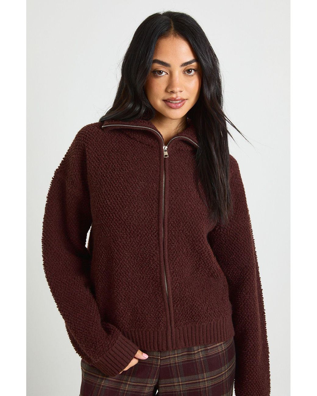 Boohoo Chunky Boucle Knit Zip Through Jumper in Red | Lyst UK