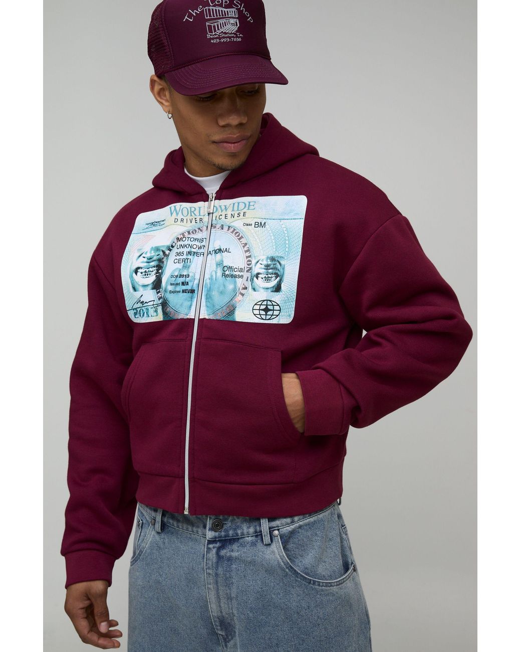 BoohooMAN Shrunken Fit Washed Licence Graphic Zip Through Hoodie in Red ...