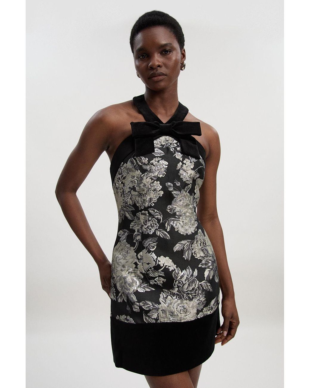 Karen Millen Velvet And Jacquard Contrast Halterneck Tailored Mini ...