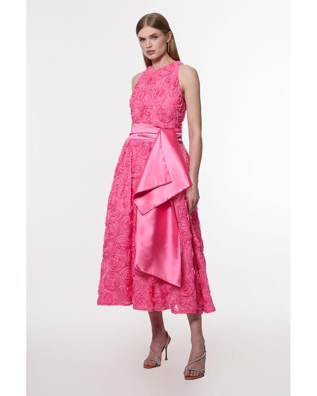 Karen Millen Romantic Rosette Texture Woven Prom Midi Dress in Pink ...