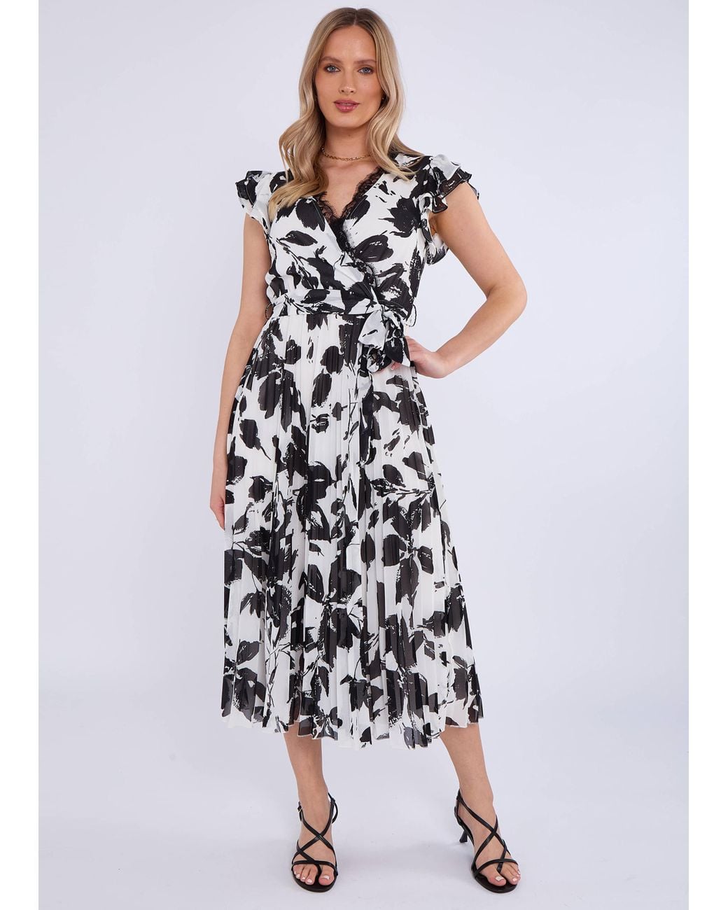 Gini London Lace Trim Mono Pleated Wrap Midi Dress in White | Lyst UK