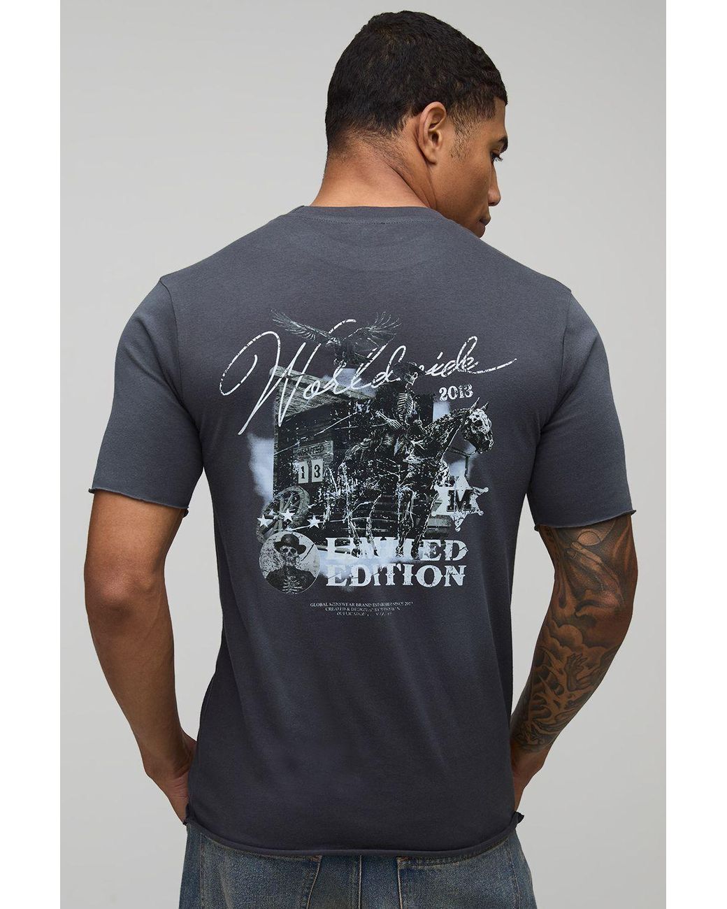 BoohooMAN Muscle Fit Washed Raw Edge Western Graphic T-Shirt Cotton in ...