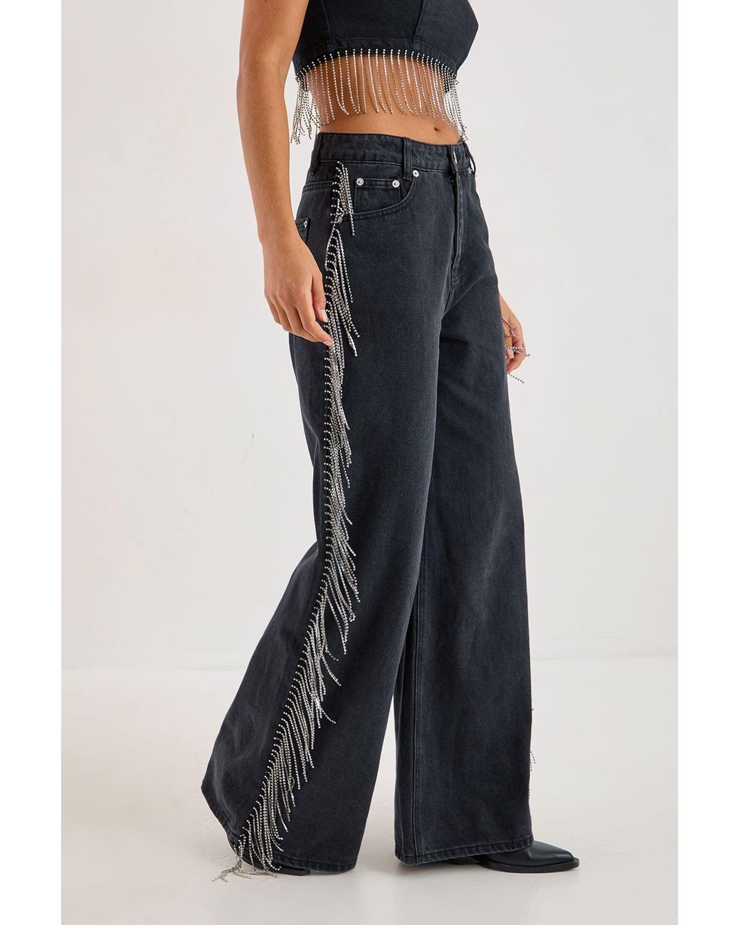 Nasty Gal Denim Diamonte Tassel Straight Leg Jeans in Blue | Lyst UK