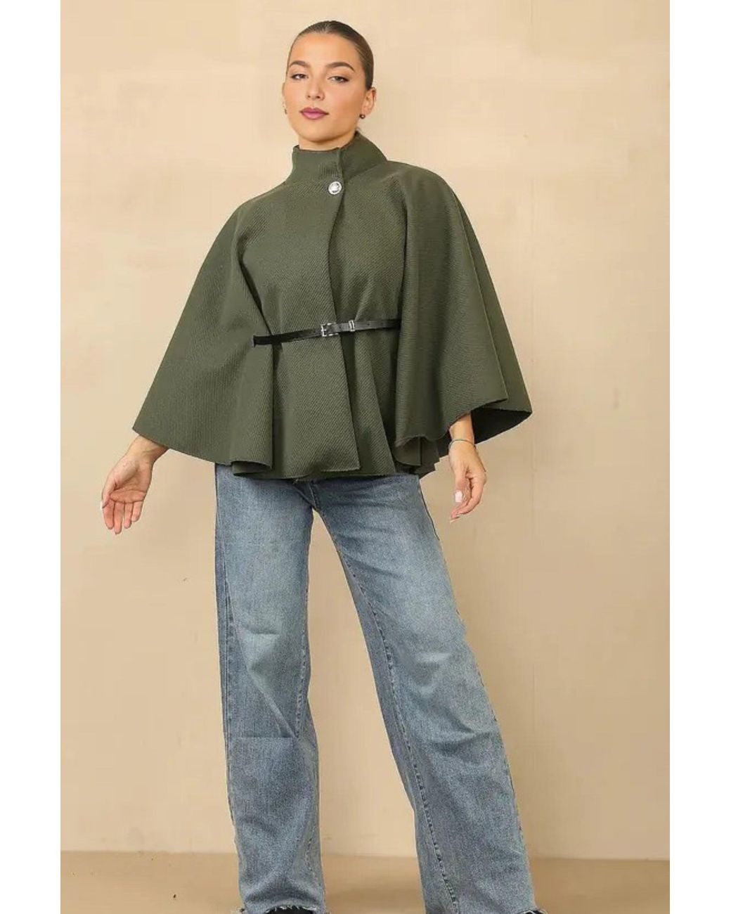 Femme Luxe Belted High Neck Cape Coat in Green | Lyst UK