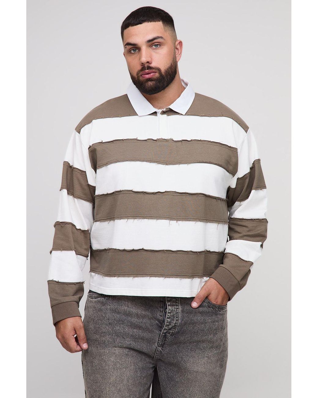 BoohooMAN Plus Oversized Boxy Distressed Long Sleeve Rugby Polo in Grey ...