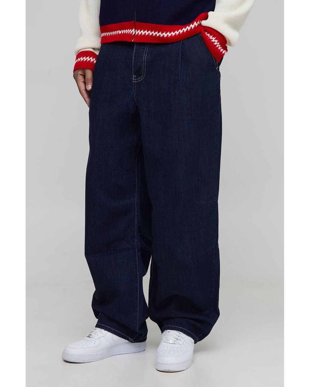 BoohooMAN Tall Pleat Front Contrast Stitch Balloon Fit Jeans in Blue ...