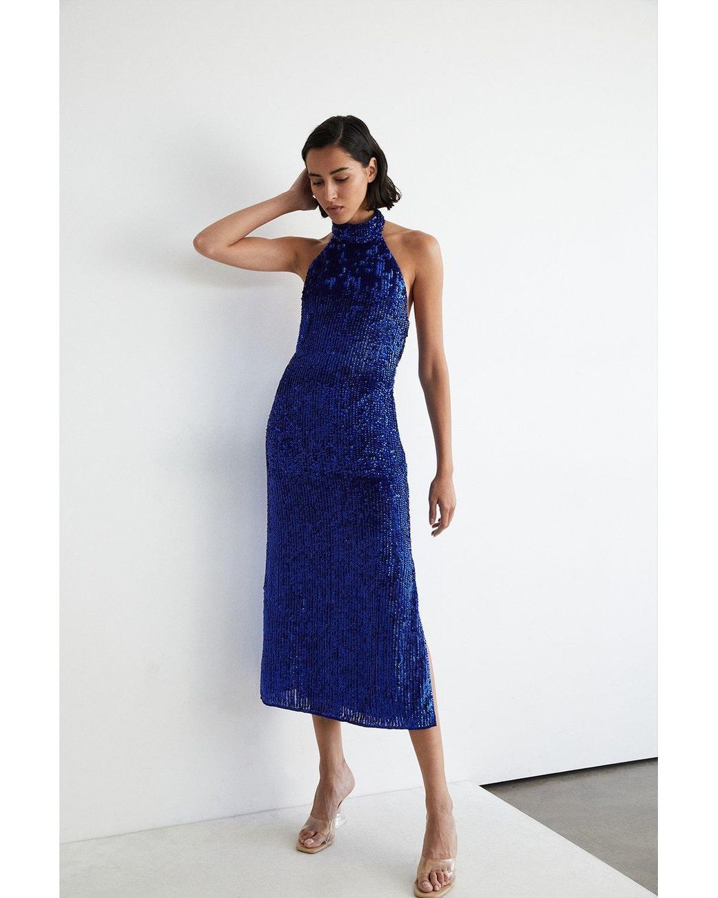 Blue sequin halter dress store