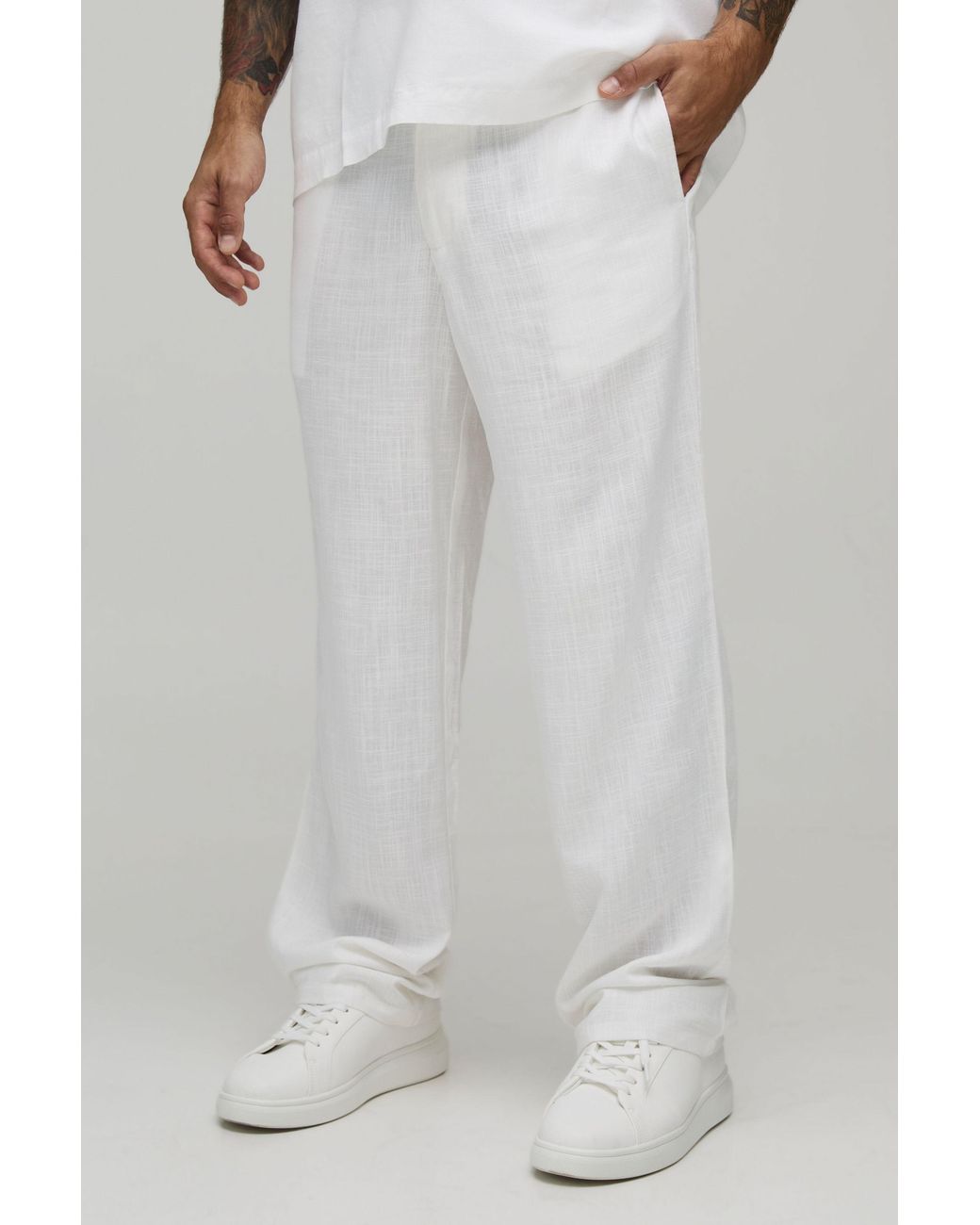 BoohooMAN Half & Waist Relaxed Fit Linen Blend Trouser in Grey for Men ...