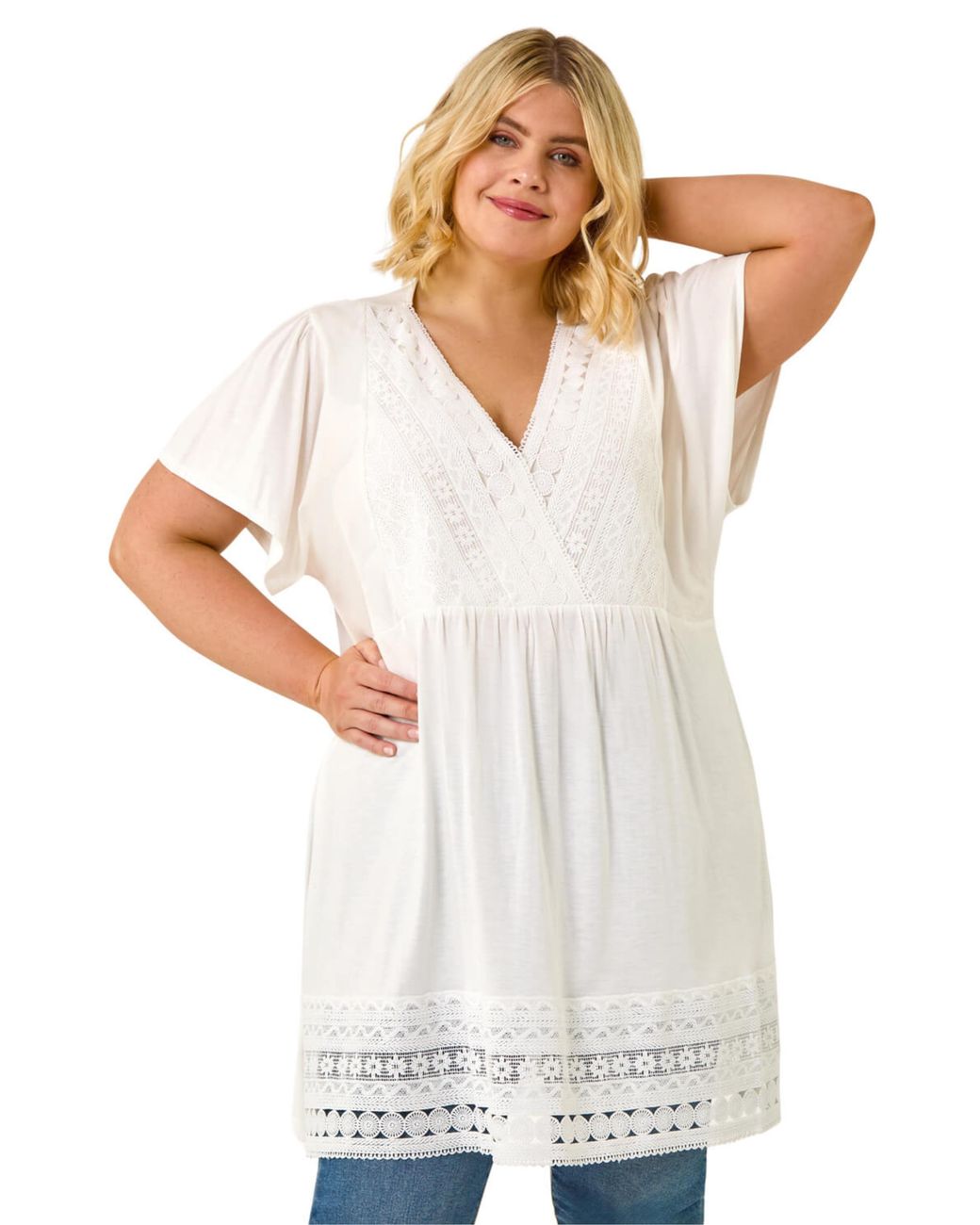 Roman Curve Lace Trim Stretch Top in White | Lyst UK