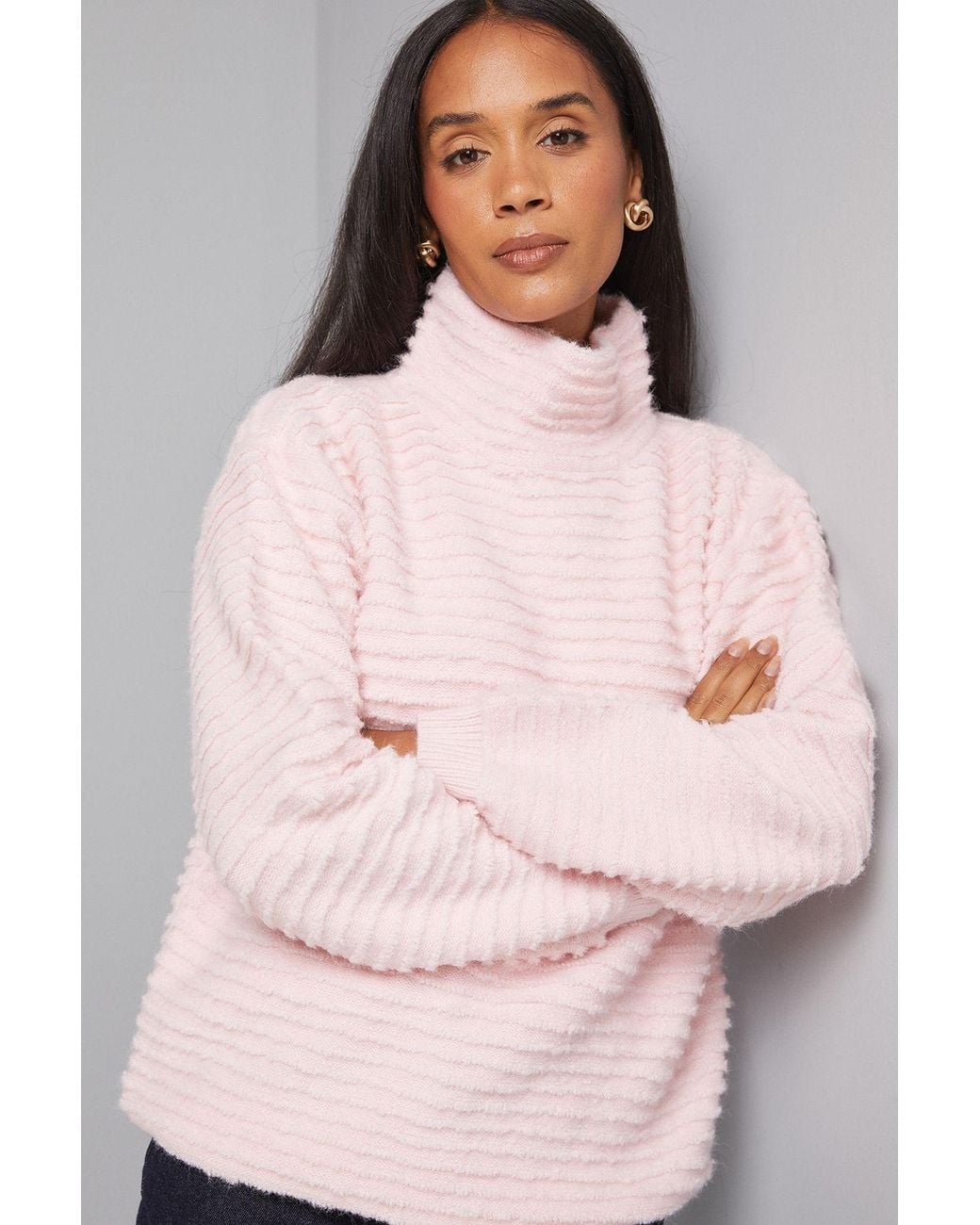 Wallis Fluffy Stripe Roll Neck Jumper in Pink | Lyst UK