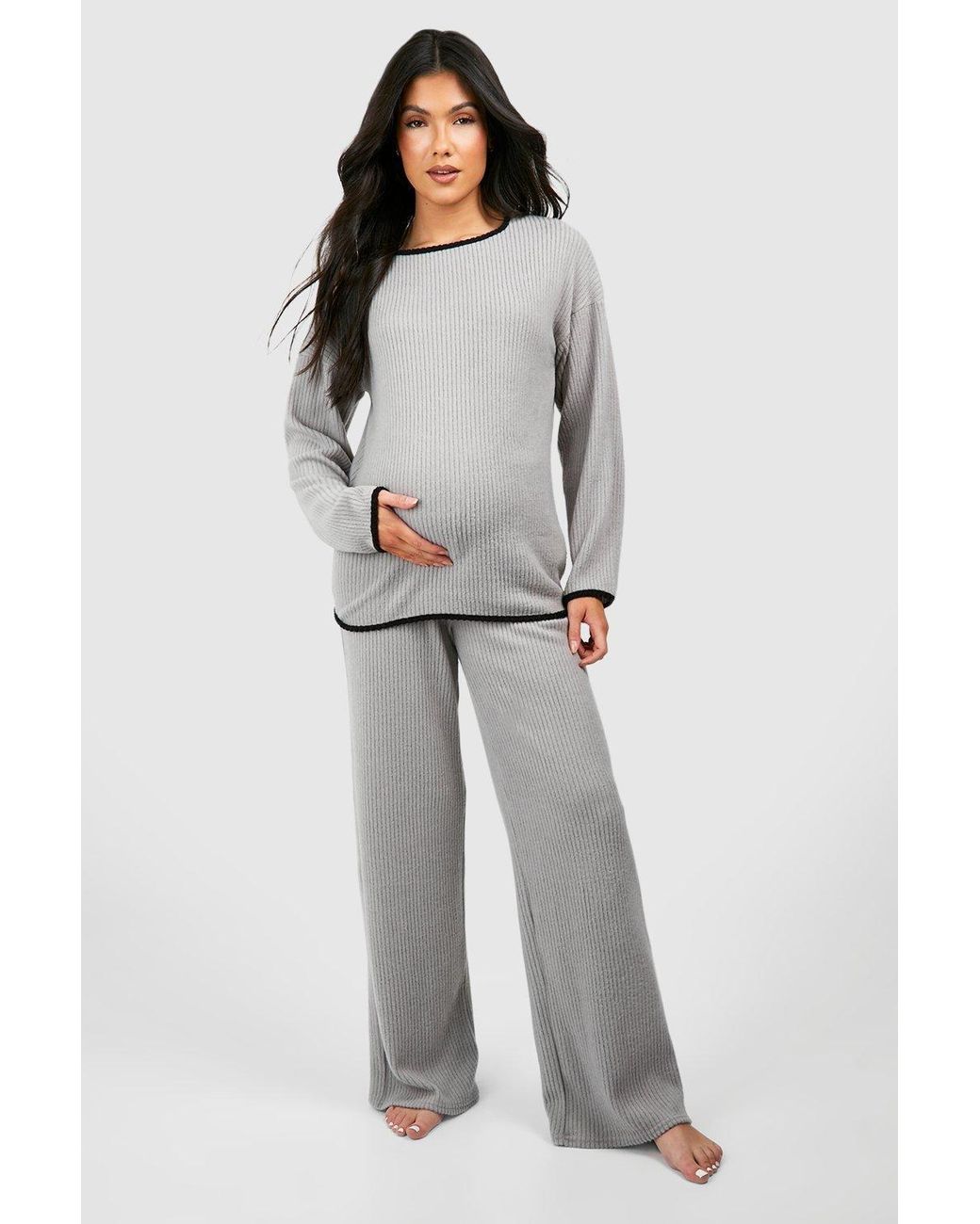Boohoo Maternity Contrast Soft Rib Loungewear Set in Grey | Lyst UK