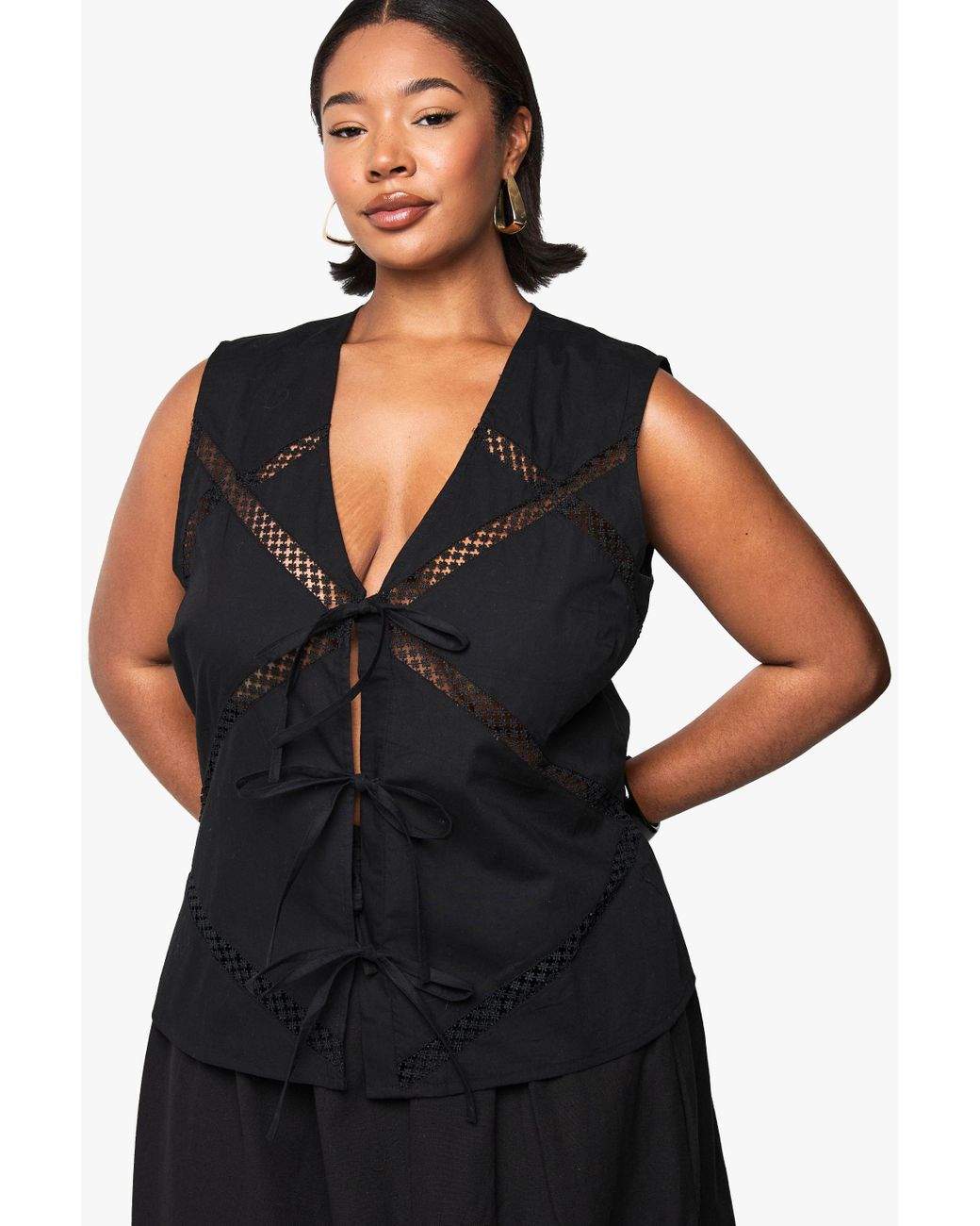 Boohoo Plus Lace Insert Tie Front Waistcoat in Black | Lyst UK