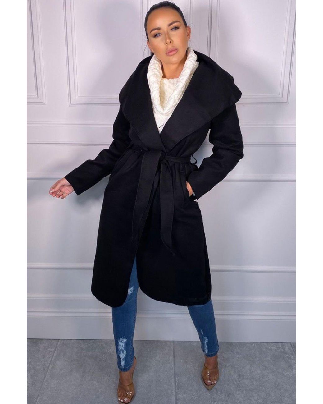 Femme Luxe Waterfall Duster Belted Long Coat in Blue | Lyst UK