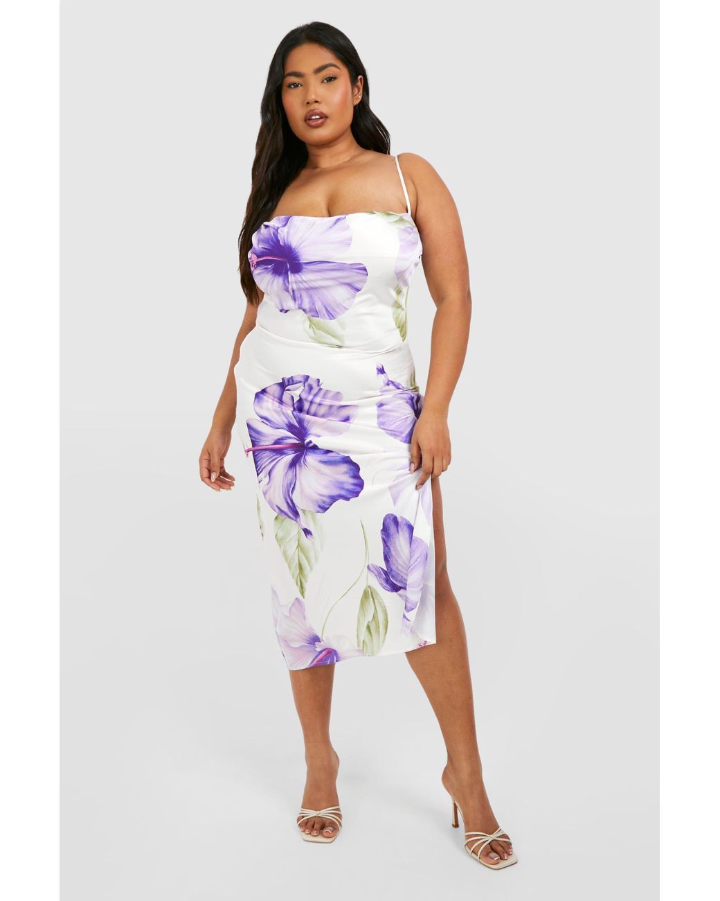 Boohoo Plus Printed Midi Slip Dress in Blue | Lyst UK