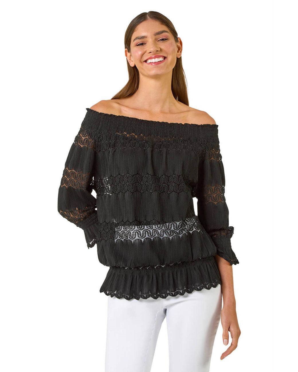 Roman Lace Insert Frill Bardot Top in Black | Lyst UK