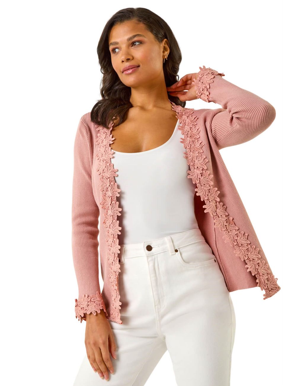 Roman Lace Trim Knit Cardigan in White | Lyst UK