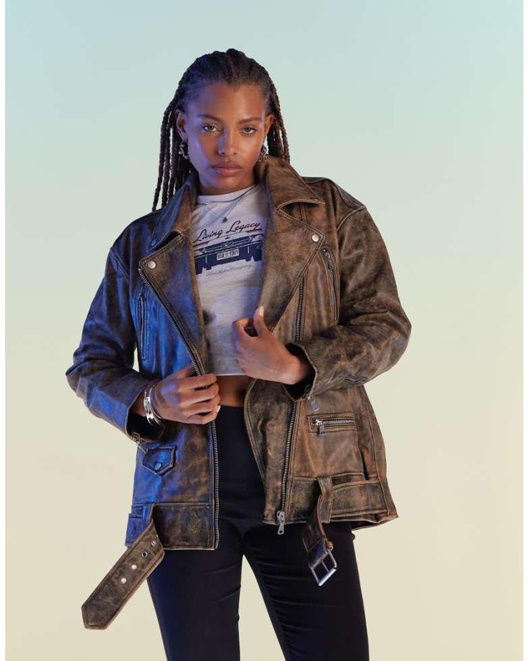 ASOS Premium Washed Real Leather Oversized Biker Jacket in Blue | Lyst UK