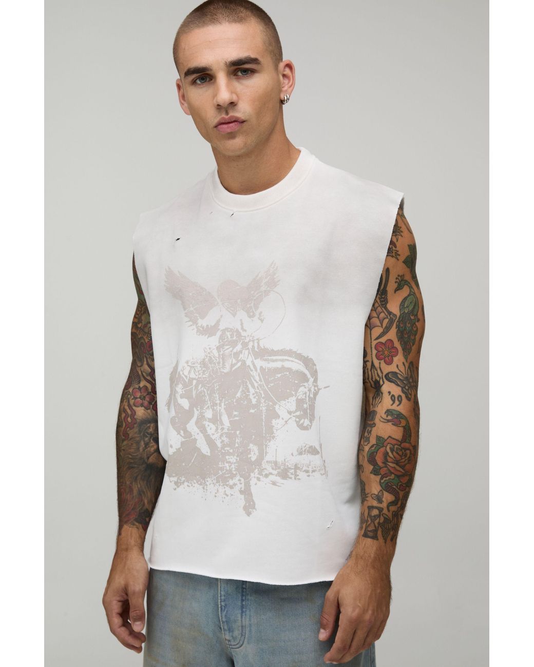 BoohooMAN Oversized Boxy Western Renaissance Distressed Loopback Tank ...
