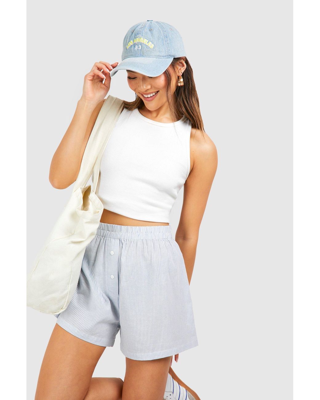 Boohoo Linen Look Pinstripe Short in White | Lyst UK