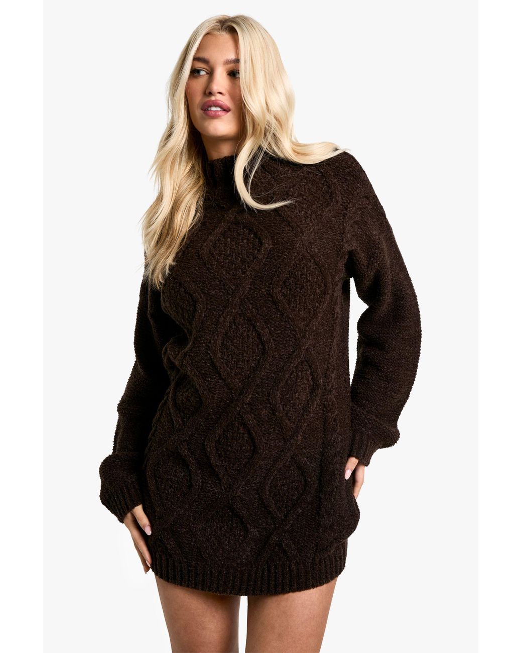 Boohoo Crew Neck Cable Jumper Dress in Black | Lyst UK