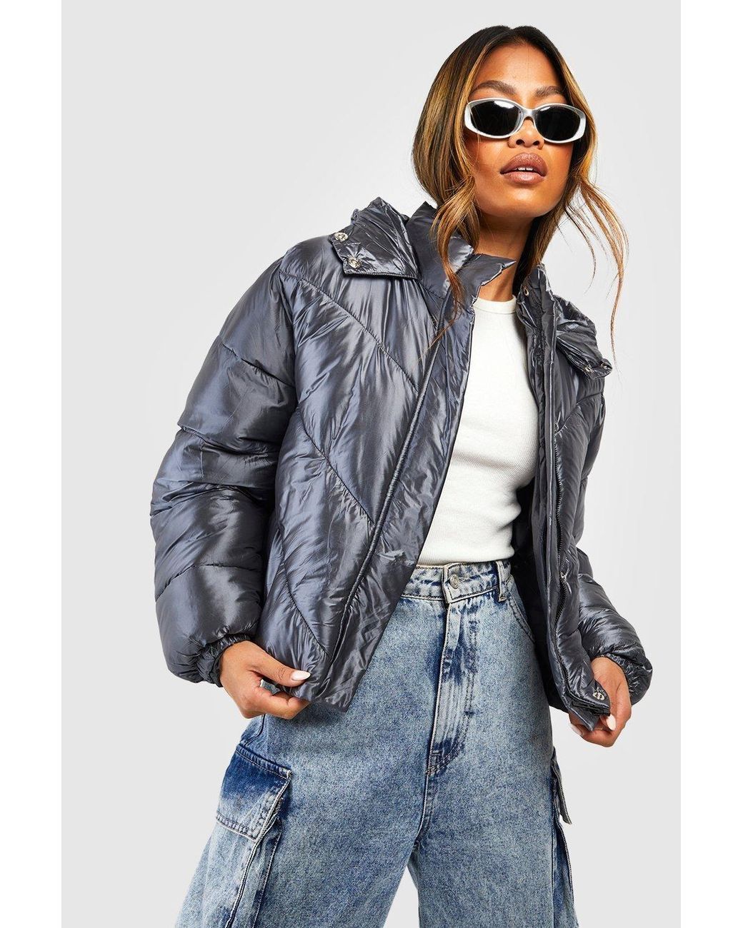 Boohoo Detail Hooded Puffer in Blue | Lyst UK