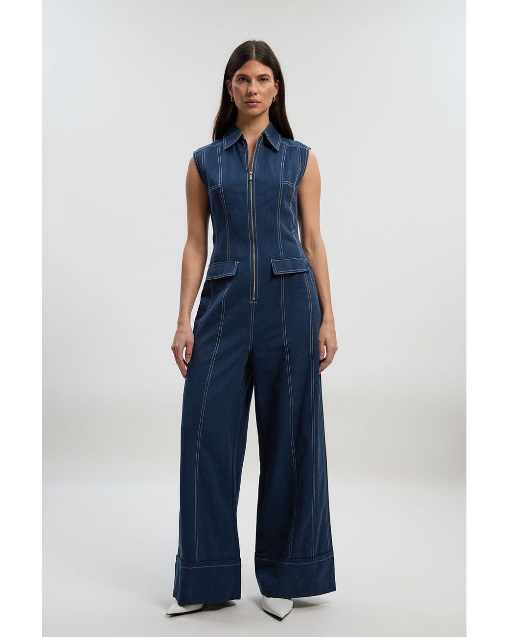 Karen Millen Tencel Cotton Contrast Stitch Zip Front Woven Jumpsuit in ...