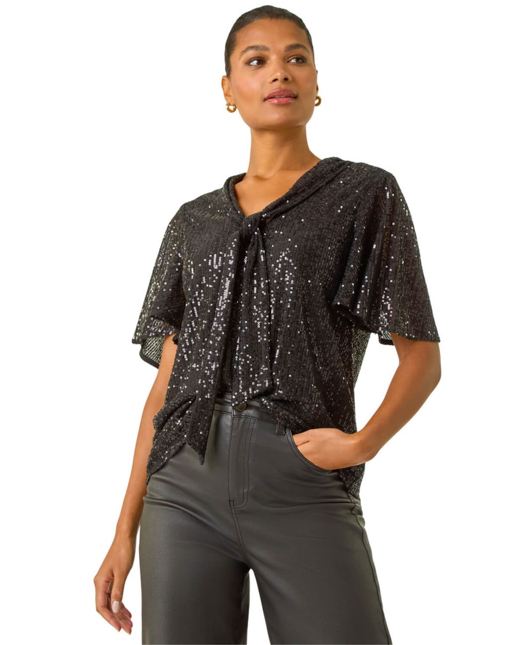 Roman Sequin Tie Neck Top in Black | Lyst UK