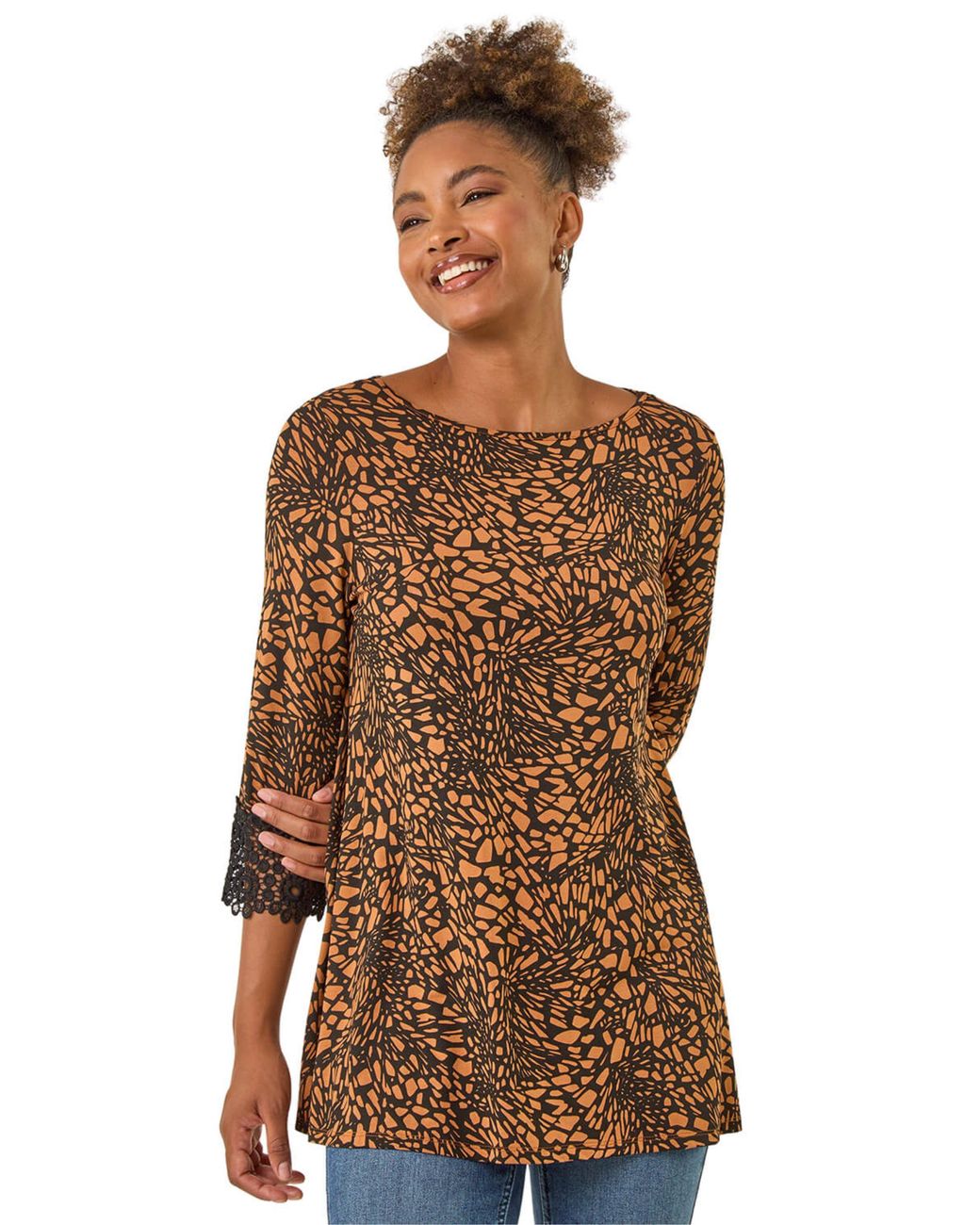 Roman Lace Cuff Printed Stretch Top in Brown | Lyst UK