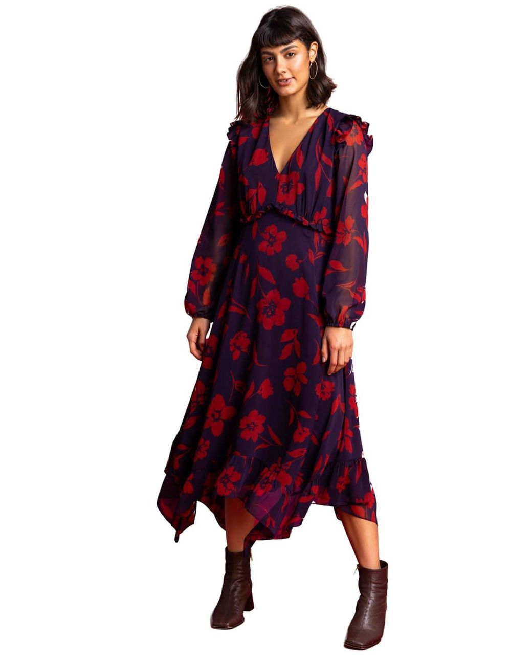 Roman Floral Print Chiffon Midi Dress in Red | Lyst UK