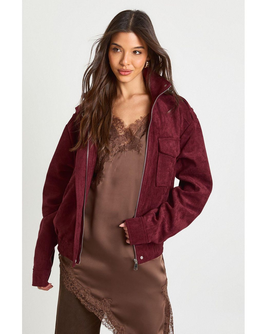 Boohoo Funnel Neck Suede Pocket Detail Jacket in Red | Lyst UK