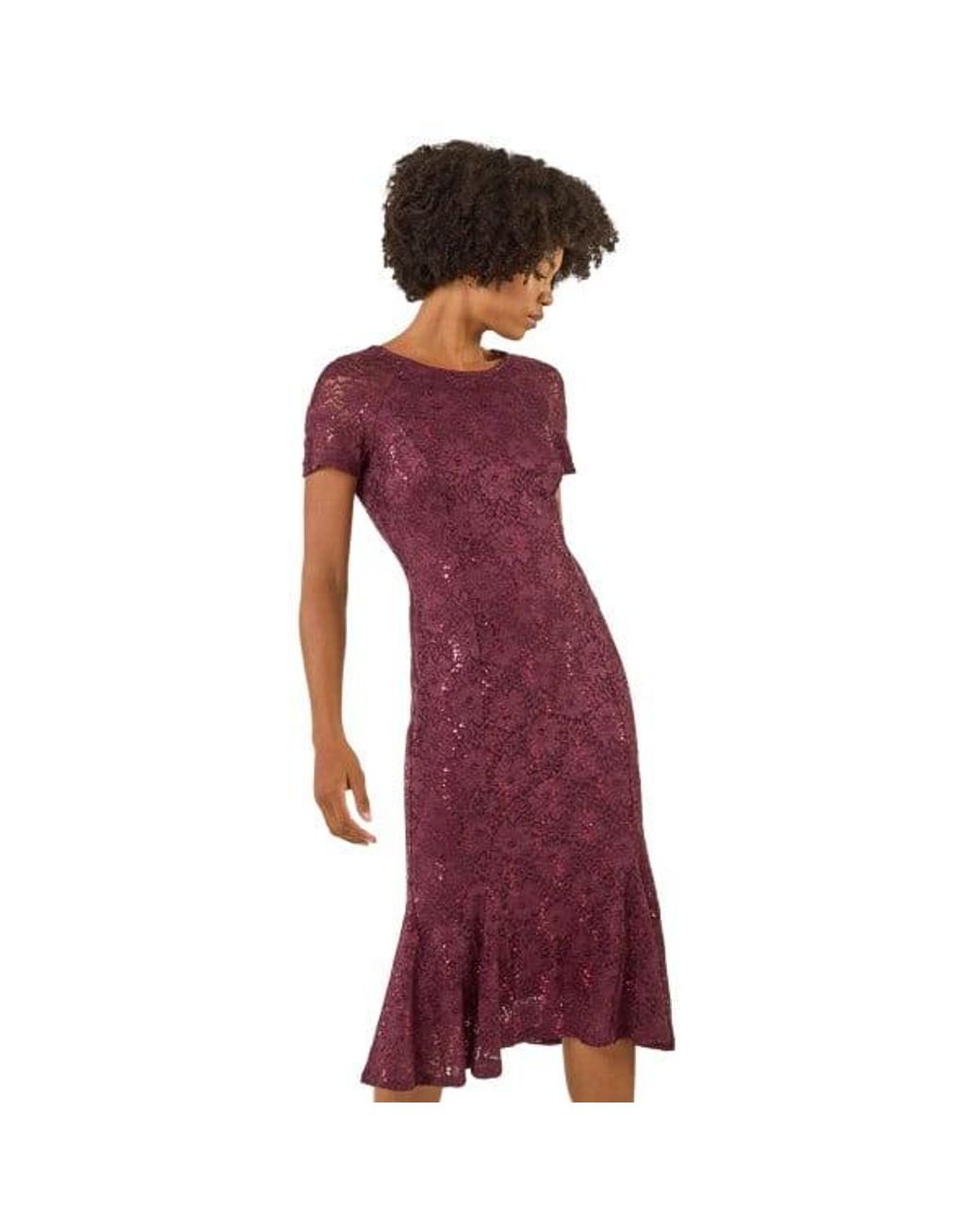 Roman Leaf Lace Sequin Midi Dress in Red | Lyst UK