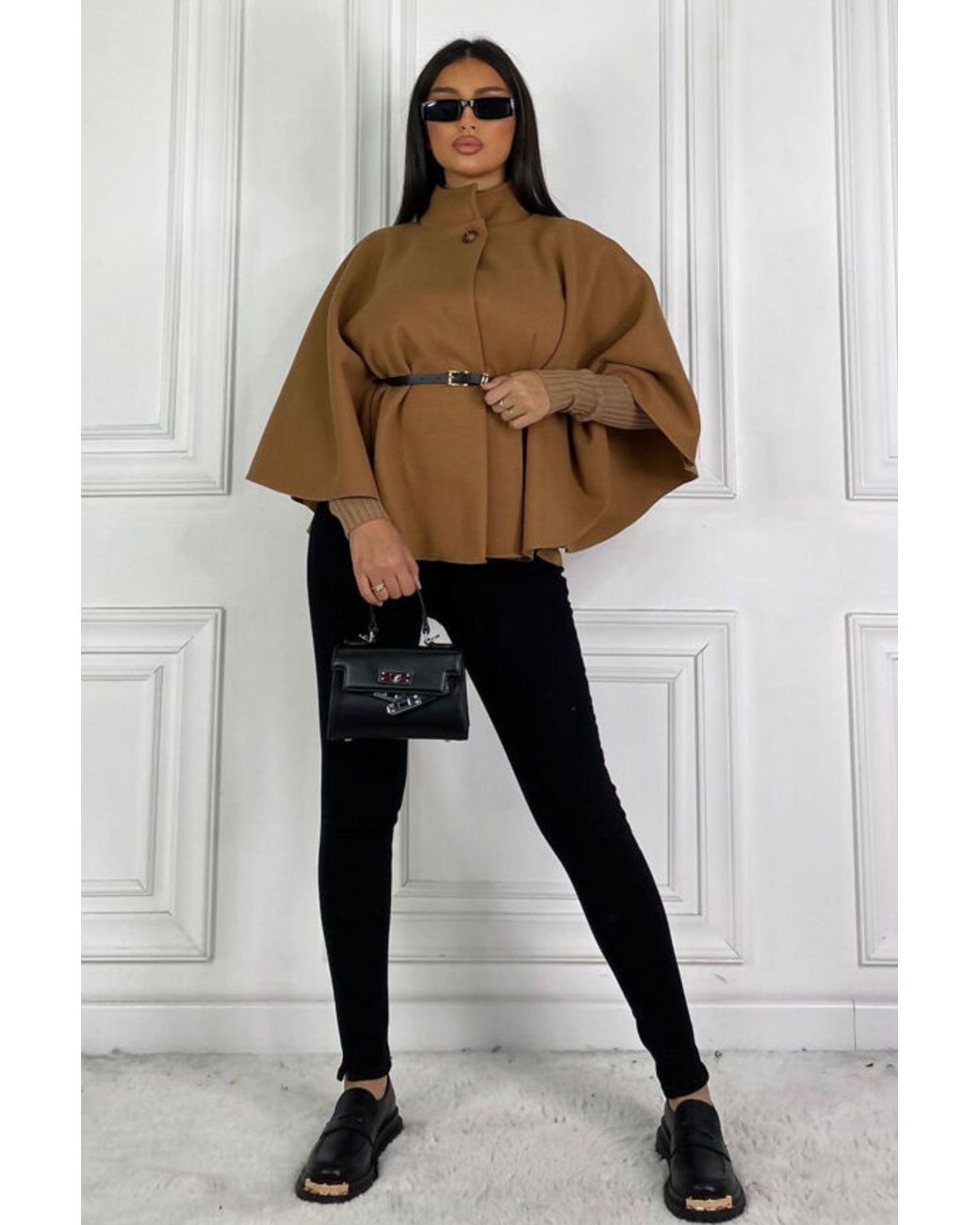 Femme Luxe Belted High Neck Cape Coat in Natural | Lyst UK
