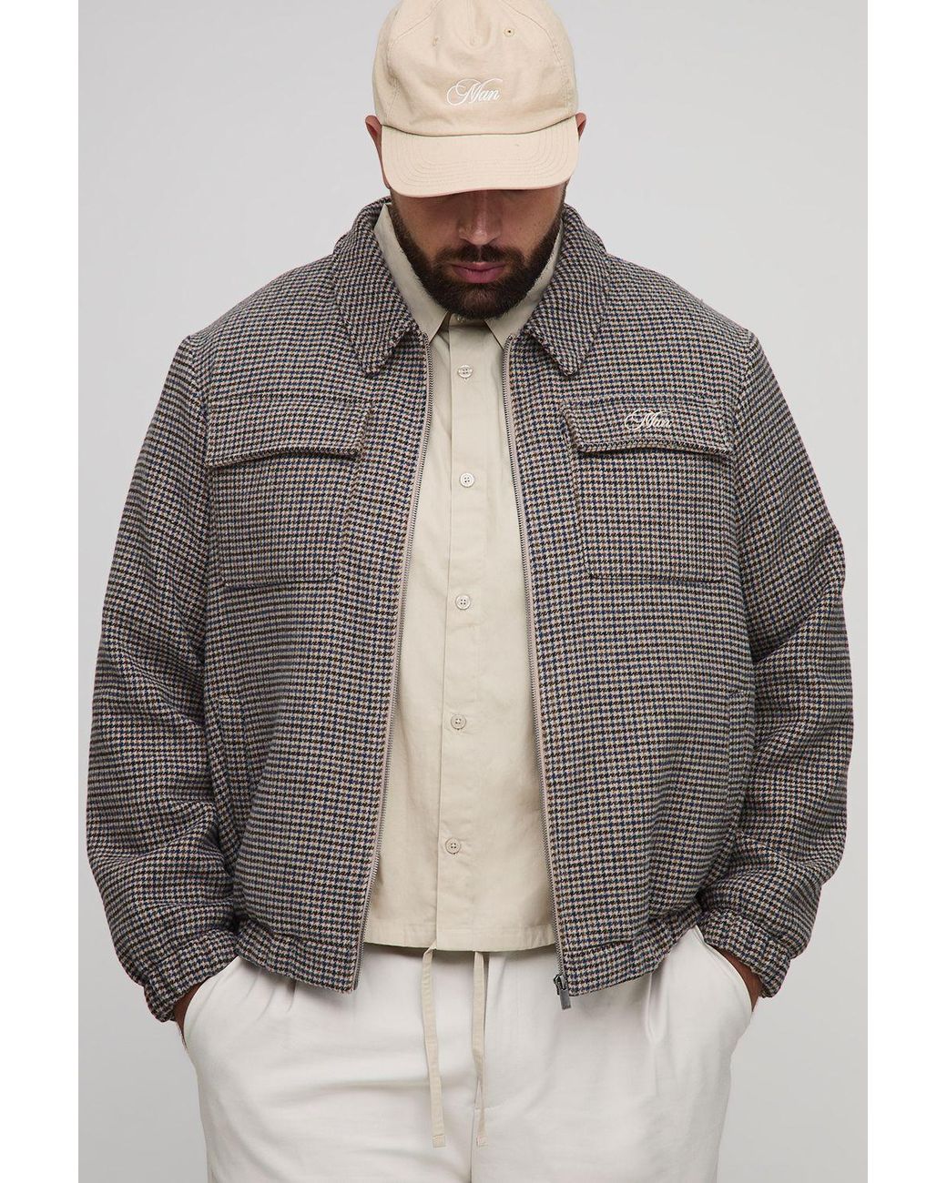 BoohooMAN Plus Check Boxy Regular Fit Harrington Jacket in Grey for Men ...