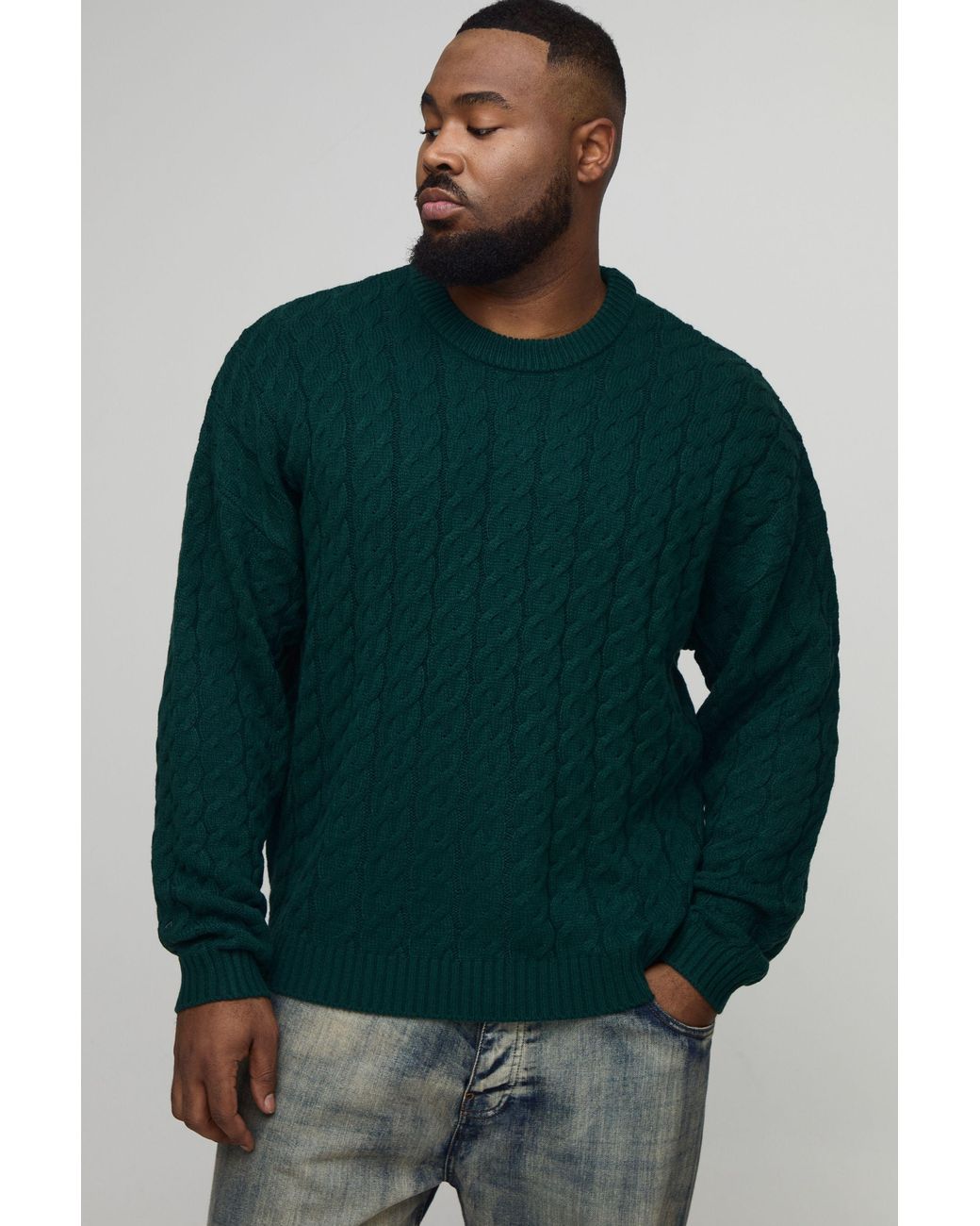 BoohooMAN Plus Basic Boxy Fit Cable Knitted Jumper in Green for Men ...