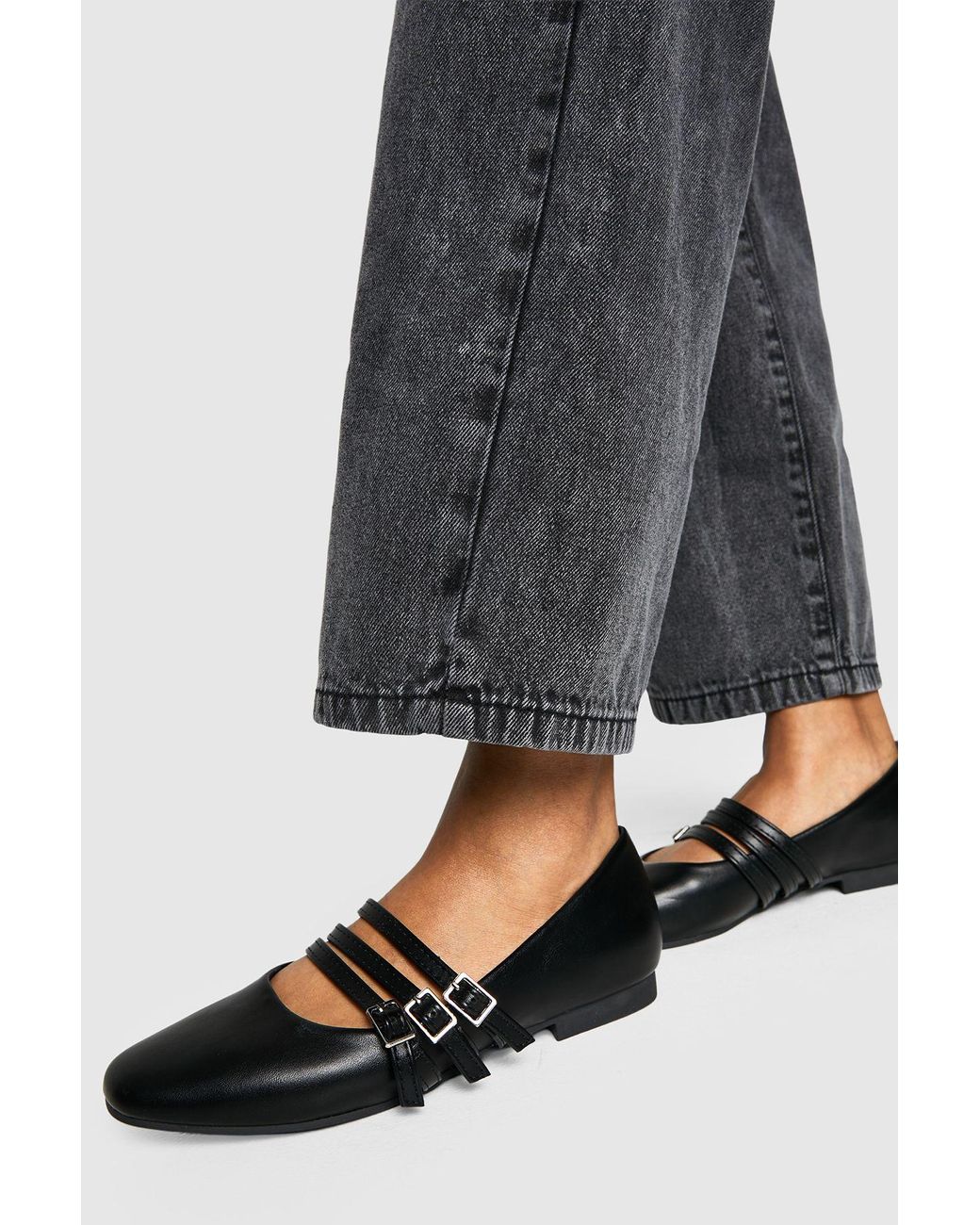 Boohoo Triple Strap Mary Jane Ballet Flats in Grey | Lyst UK