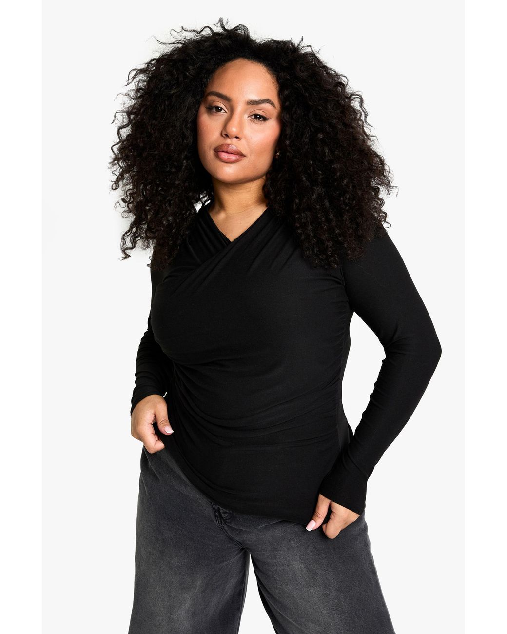 Boohoo Plus Premium Long Sleeve Wrap Top in Black | Lyst UK