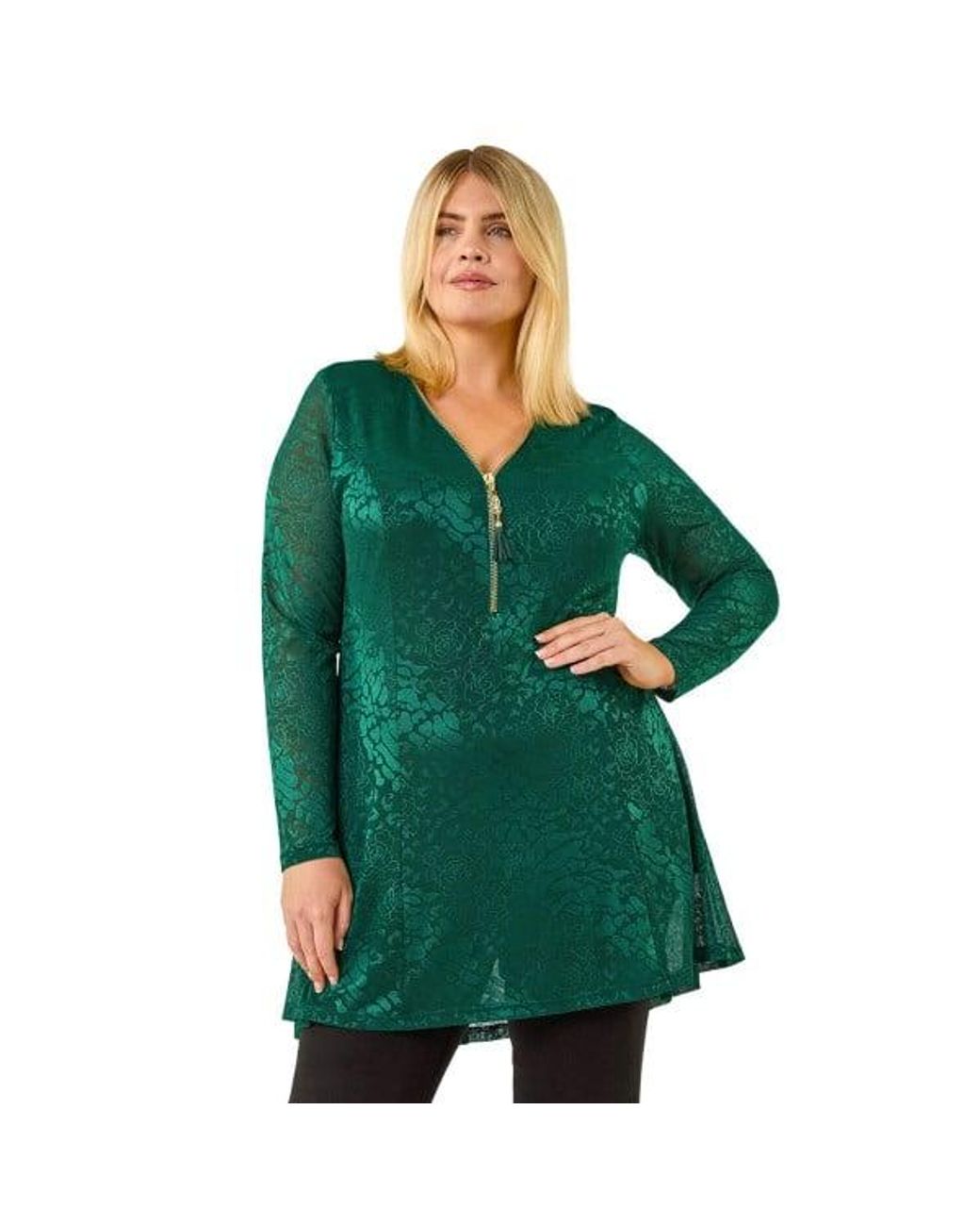 Roman Curve Zip Front Floral Lace Top in Green | Lyst UK