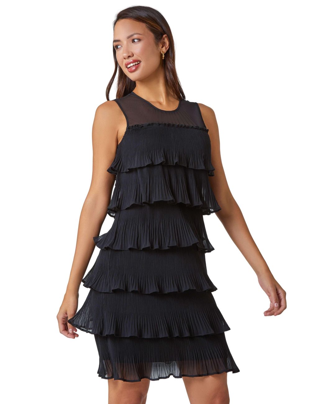 Roman Sleeveless Pleated Tiered Chiffon Dress in Black | Lyst UK