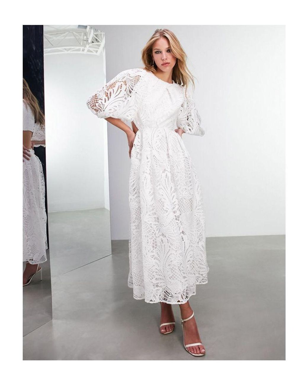 Asos Avery Lace Cutwork Embroidered Midi Wedding Dress White In Grey