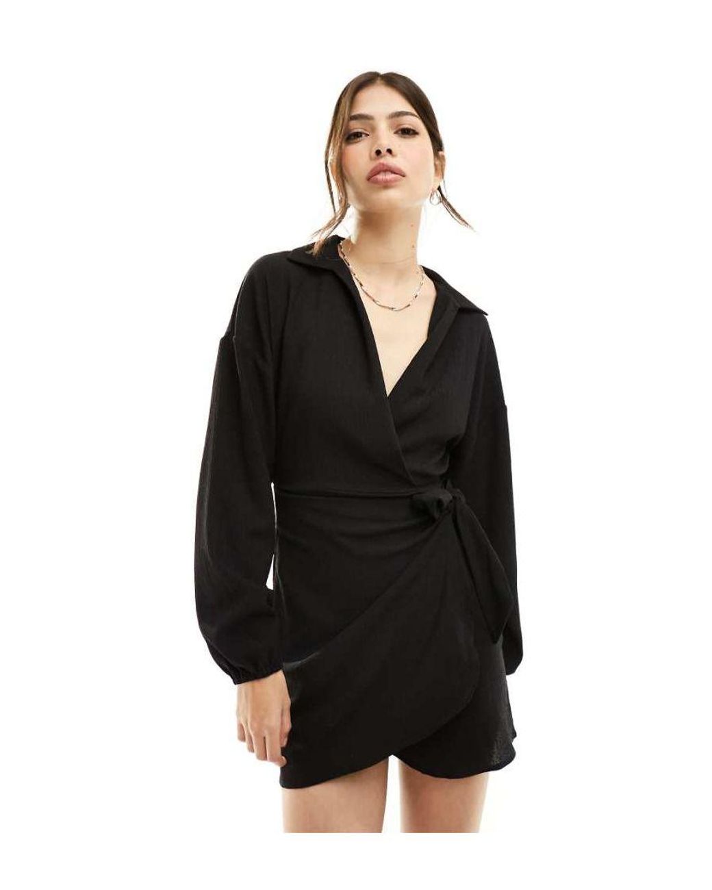 ASOS Textured Long Sleeve V Neck Wrap Mini Dress in Black | Lyst UK
