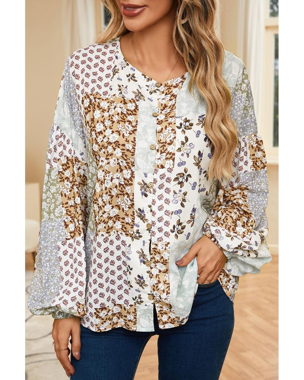 Everyday the Label Floral Patchwork Blouse in Natural | Lyst UK