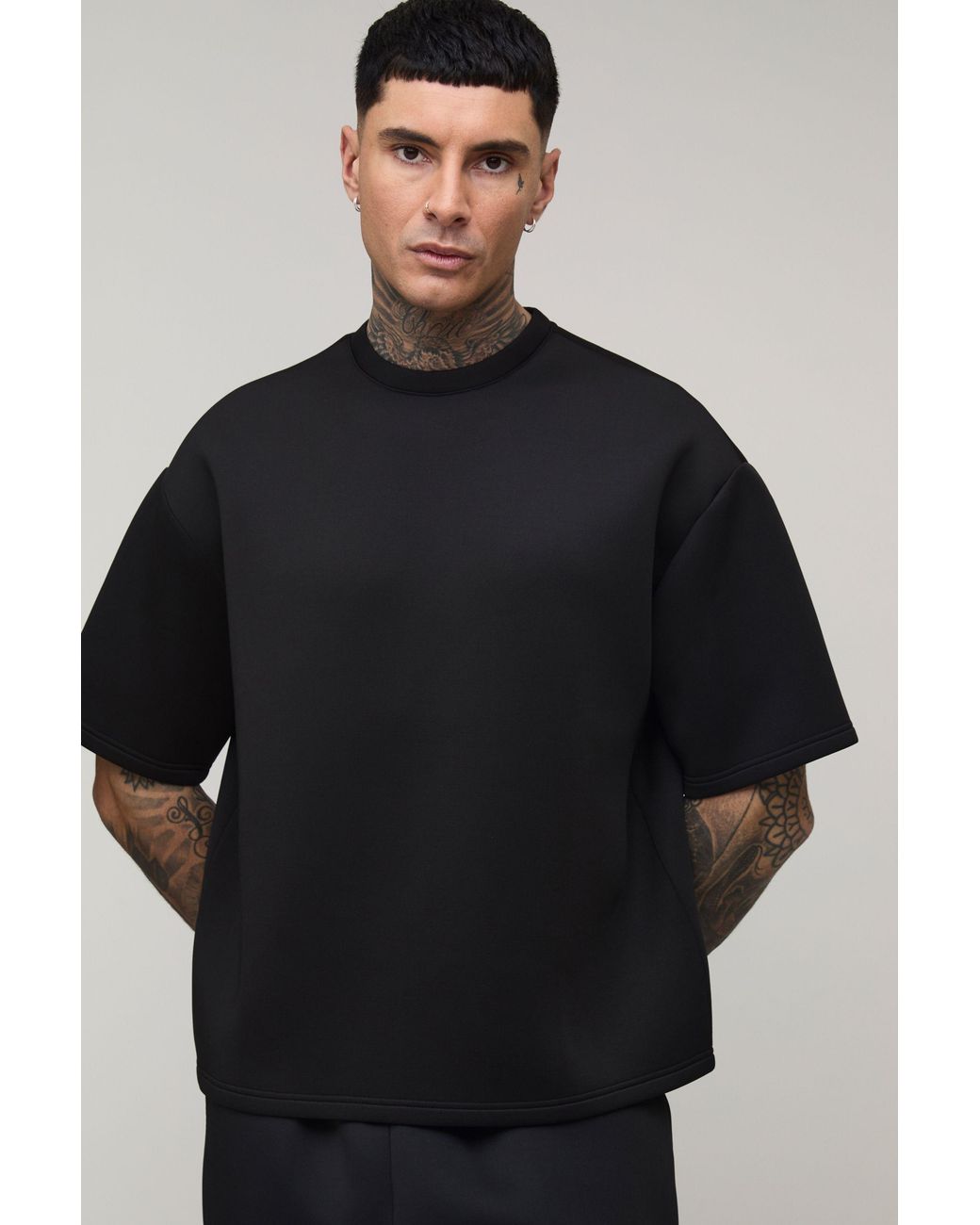 BoohooMAN Tall Oversized Boxy Bonded Scuba T-Shirt in Black for Men ...