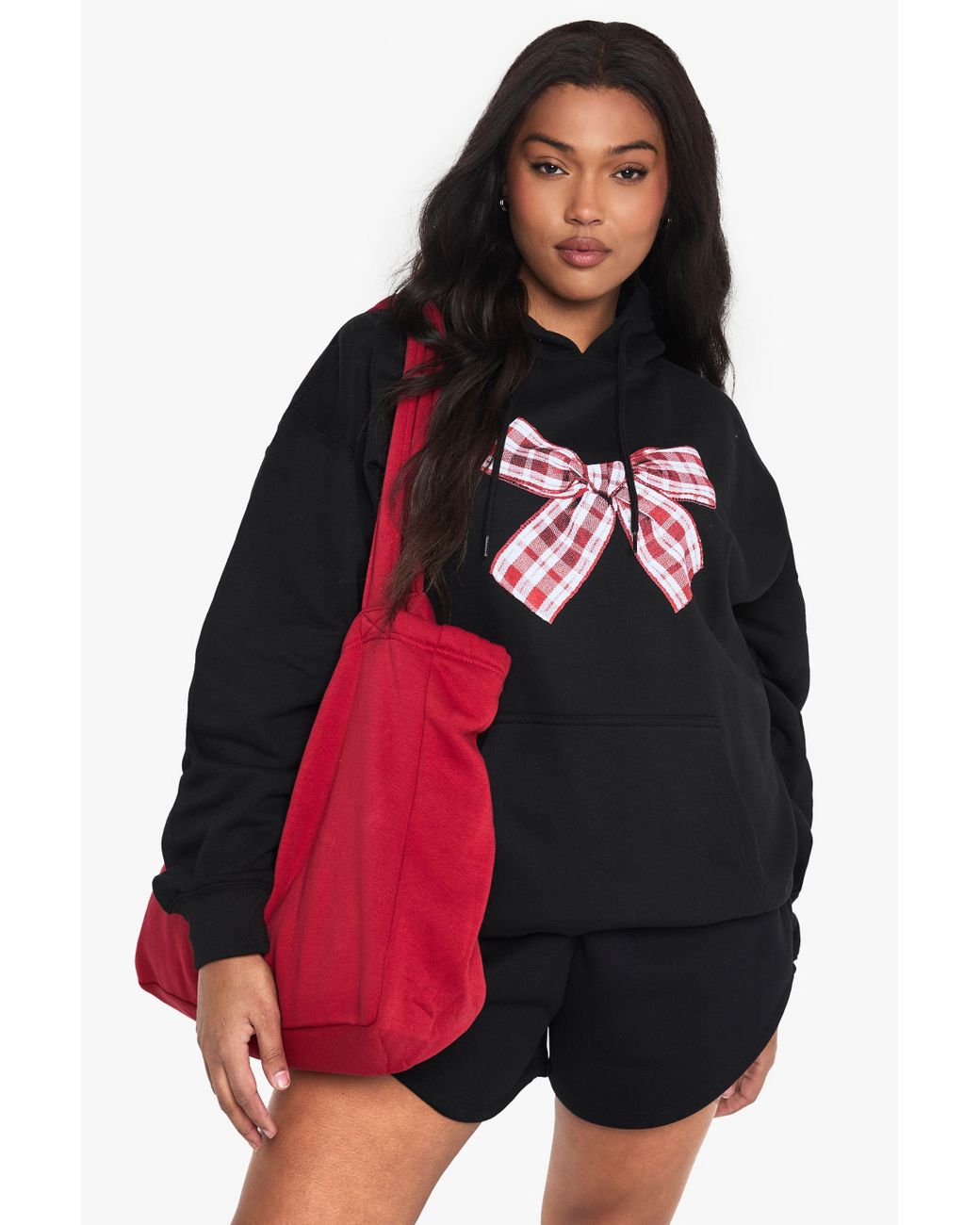 Boohoo Plus Gingham Bow Oversized Hoodie in Red | Lyst UK