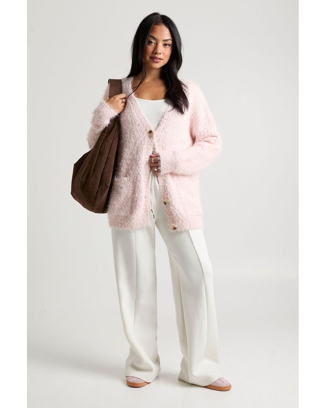 Boohoo Textured Knit Oversized Boyfriend Cardigan in Natural | Lyst UK