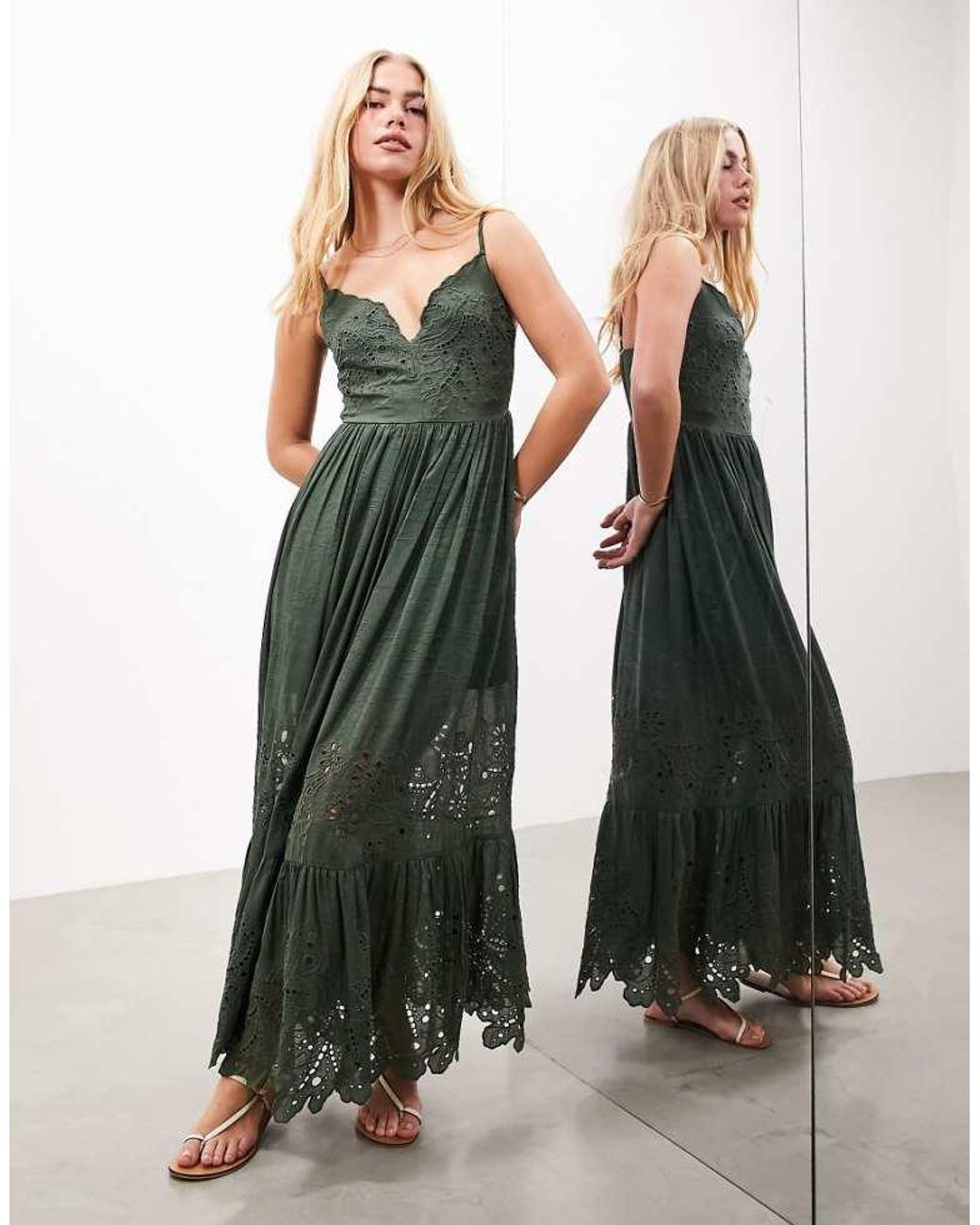 ASOS Embroidered Cami Maxi Dress With Cutwork Detail in Green | Lyst UK