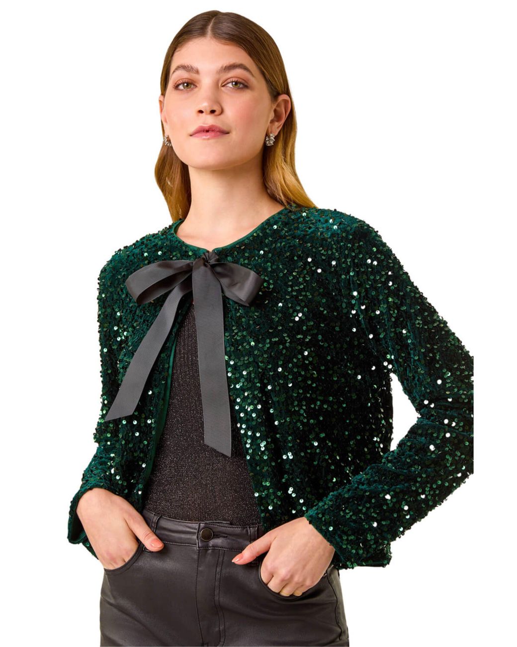 Roman Sequin Bow Front Jacket in Black | Lyst UK