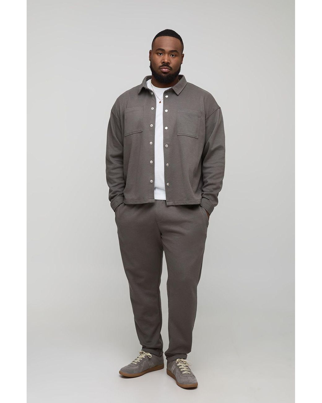 BoohooMAN Plus Textured Over Shirt & Tapered Trouser Set in Grey for ...
